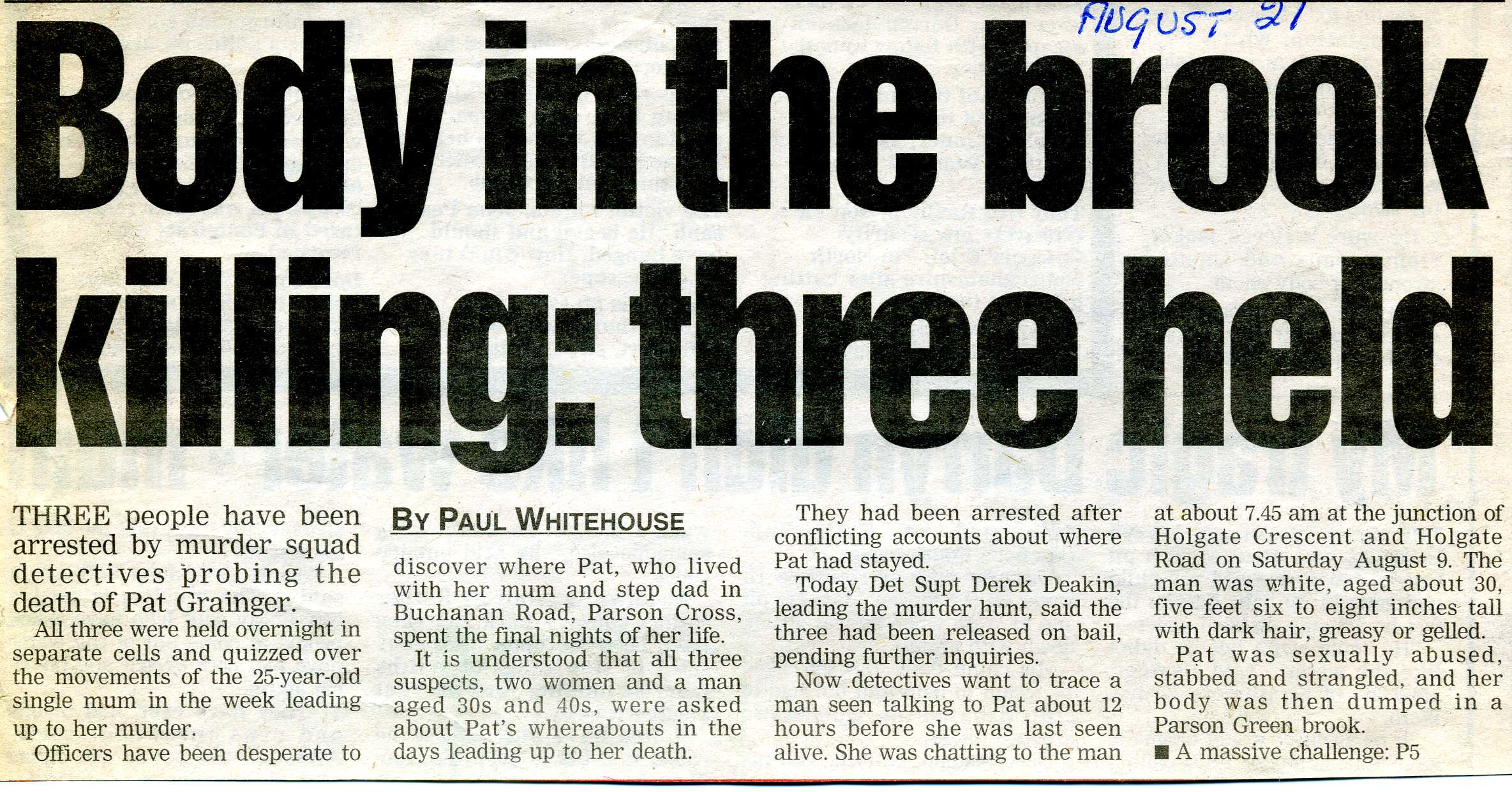 Body in the brook killing: Three held - Who Killed My Mum? Patricia ...